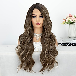 K'ryssma Ash Brown Wig with Highlights Long Wavy Synthetic Wigs for Women Natural Hairline Ombre Highlight Wig with Dark Roots