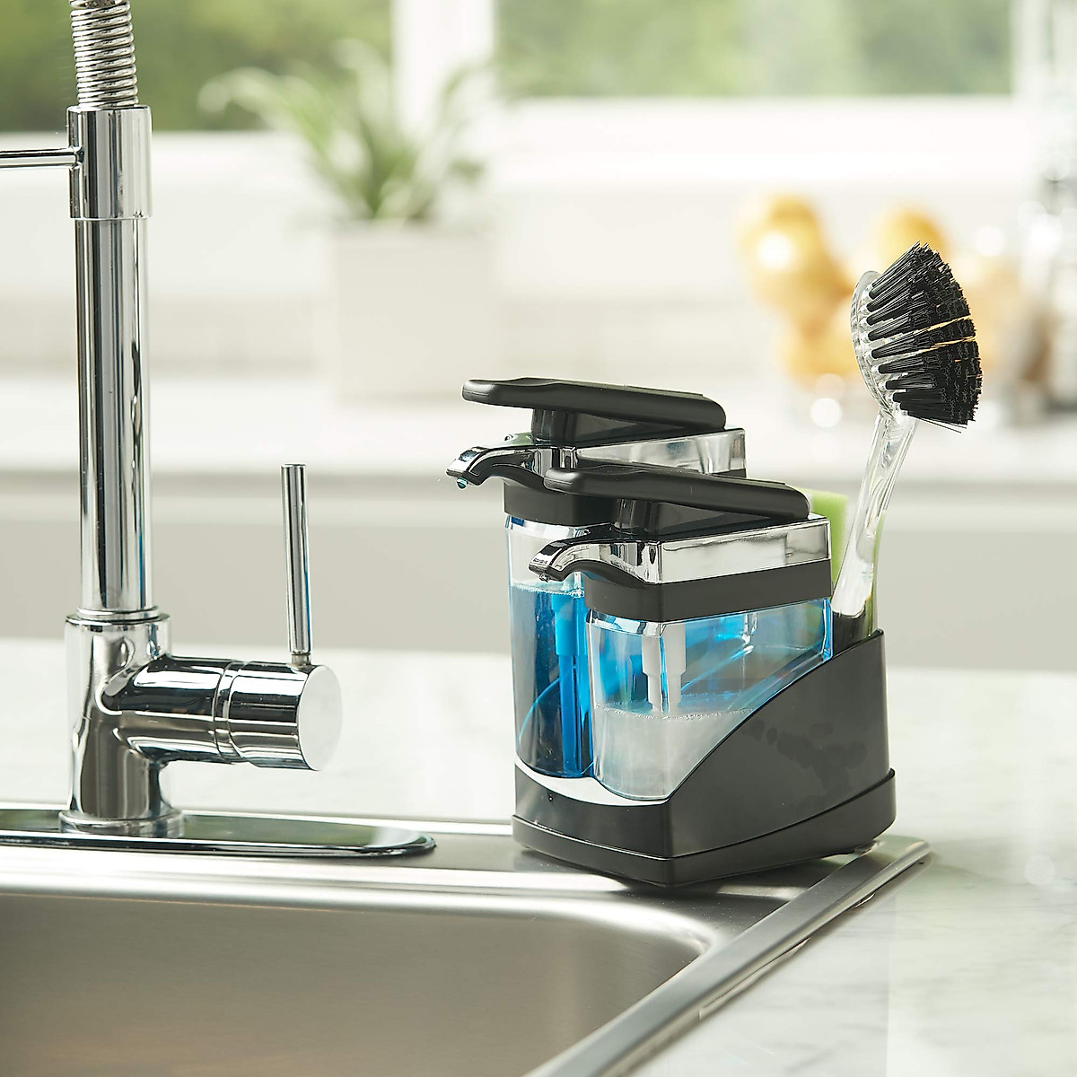 Casabella Sink Sider Duo Soap Dispensers with Sponge, Black and Chrome Plating