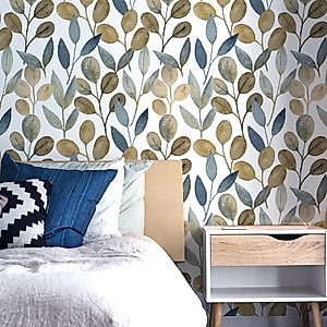 BaoHArtHome Gold Leaf Floral Wallpaper Peel and Stick Wallpaper Blue Contact Paper Removable Vinyl Boho Watercolor Vintage Wall Paper Renter Friendly for Bedroom Wall Mural 17.7in x 6.6ft