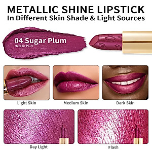 Oulac Purple Lipstick for Women with Metallic 3D Shine Lightweight Hydrating Formula, High Impact Lip Color, Vegan Beauty, Full Coverage Lip Makeup, Sugar Plum (04)