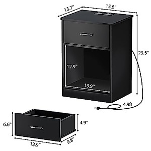 SUPERJARE L Shaped Desk with Drawers & Shelves and Nightstands Set of 2 with Charging Station & LED Light Strips, Black