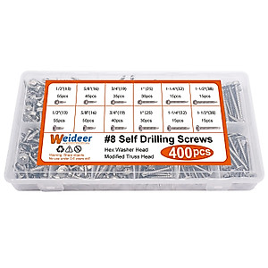 weideer 400pcs #8 Self Tapping Screws Sheet Metal Screws 410 Stainless Steel Truss Head Hex Washer Head Self Drilling Screws High-Strength Quick Tapping Screws (1/2"to1-1/2") K-056-400P