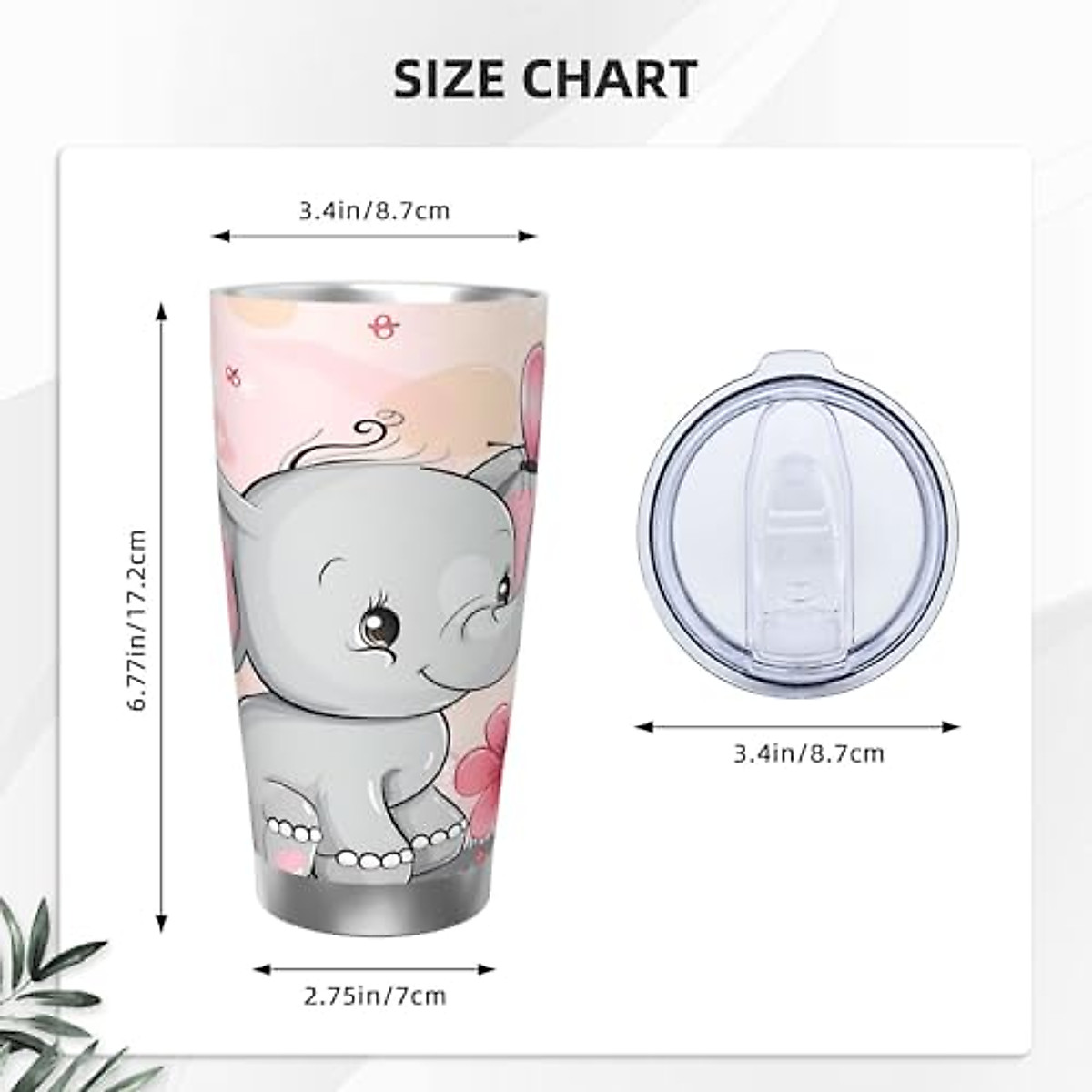 AYCZN Cute Elephant Butterfly 20 OZ Tumbler Stainless Steel Travel Coffee Mug, Cartoon Flower Insulated Water Bottle with Lid and Straws Leakproof Thermal Cup