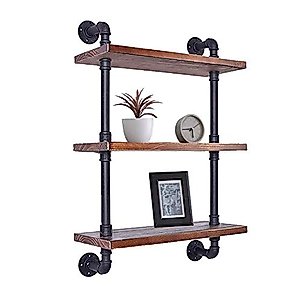 Diwhy Industrial Pipe Shelving Bookshelf Rustic Modern Wood Ladder Storage Shelf 3 Tiers Retro Wall Mount Pipe Design DIY Shelving (Black, L 24")
