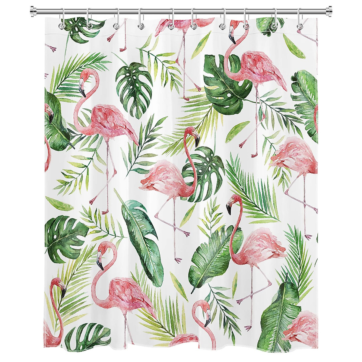 LB Tropical Pink Flamingo Shower Curtain for Bathroom,Sage Green Palm Leaf Monstera and Banana Leaf Fabric Shower Curtain with Hooks,Summer Watercolor Plant Bathroom Curtains Shower Set, 60x72 inches