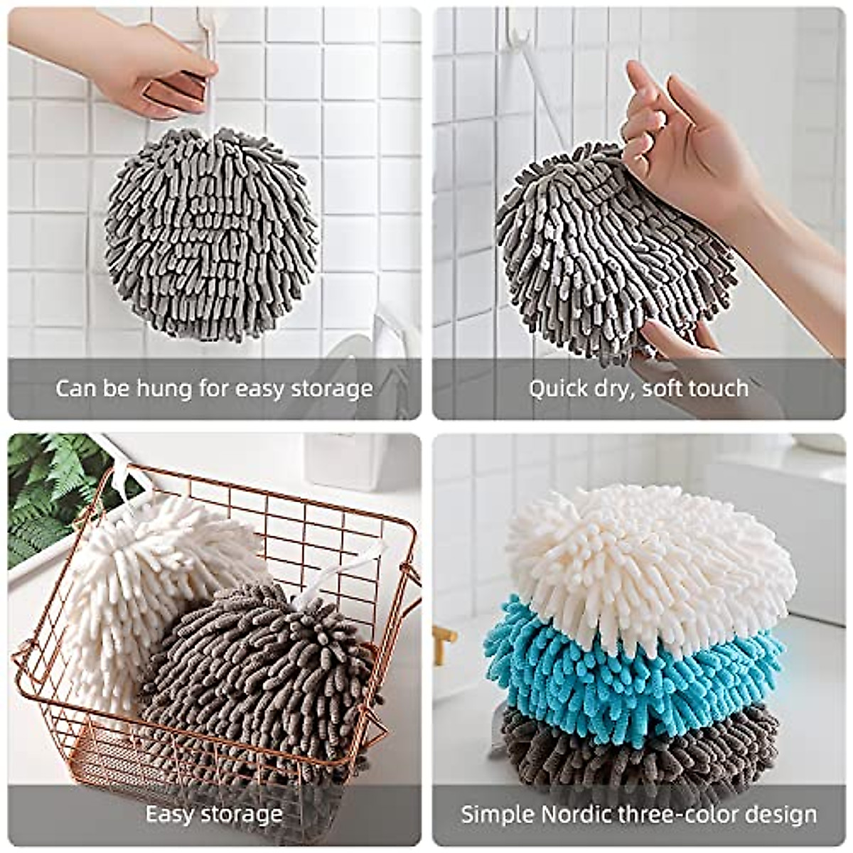 TYUI Chenille Hand Towel Ball,Soft Absorbent Chenille Ball Towel Sets,Microfiber Quick Drying Hands Towels for Bathroom/Kitchen3 Pack(White+Gray+Blue)