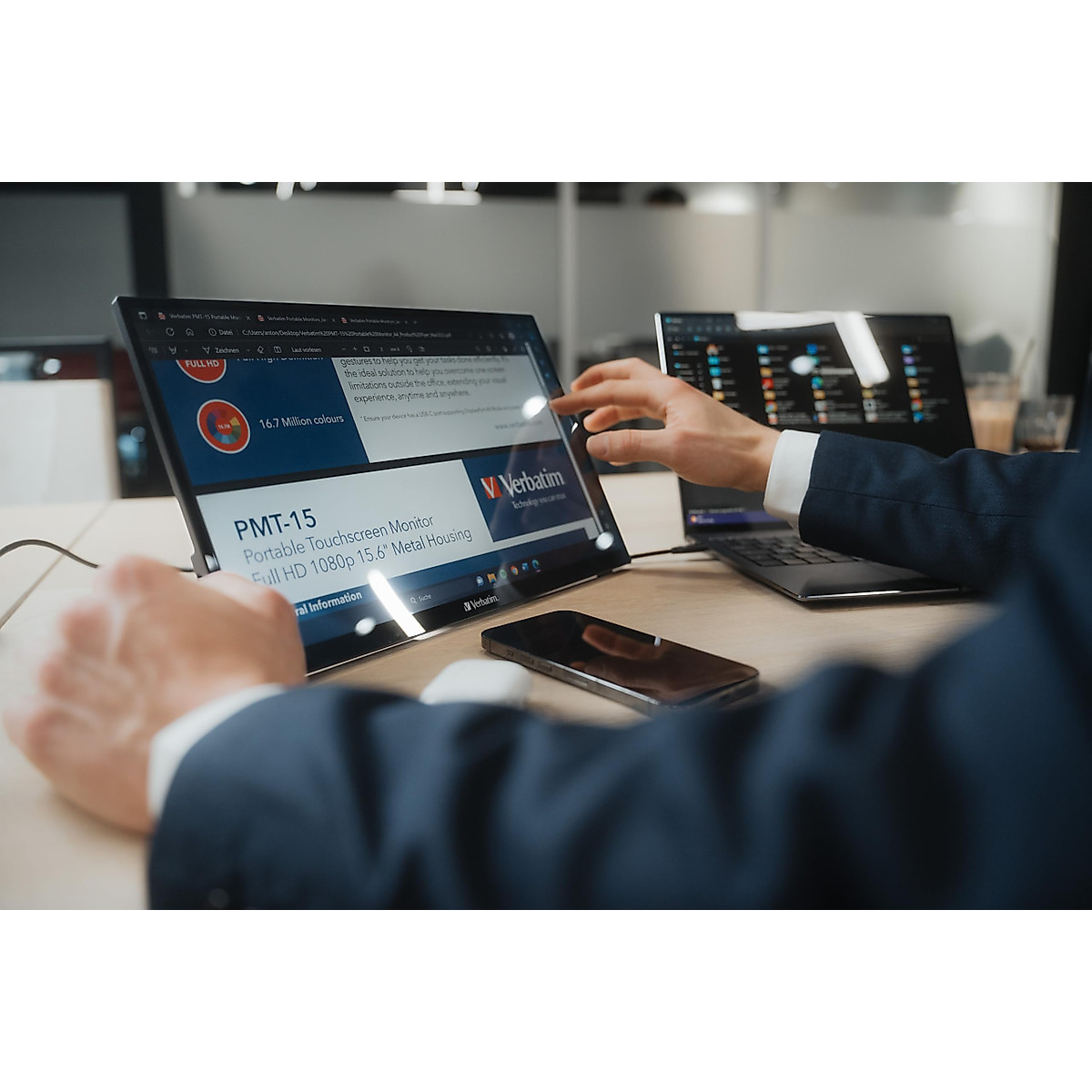 Verbatim Portable Touchscreen Monitor 15.6" USB-C HDMI Full HD 1080p IPS Display with Metal Housing and Adjustable Kick Stand for Laptops and Gaming Consoles