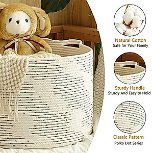 KAKAMAY Large Cotton Rope Blanket Basket (20"x13"),Woven Baby Laundry Hamper，Blanket Basket for Nursery, Laundry, Living Room, Pillows, Toys （White/Beige）