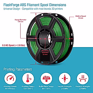 FLASHFORGE D-Series ABS 3D Printer Filament, 1.75mm (Green), 0.5kg Spool (1.1lbs), Guaranteed Fresh, Dimensional Accuracy +/- 0.02mm, Tangle-Free, Fits Most FDM Printers [Risk-Free]