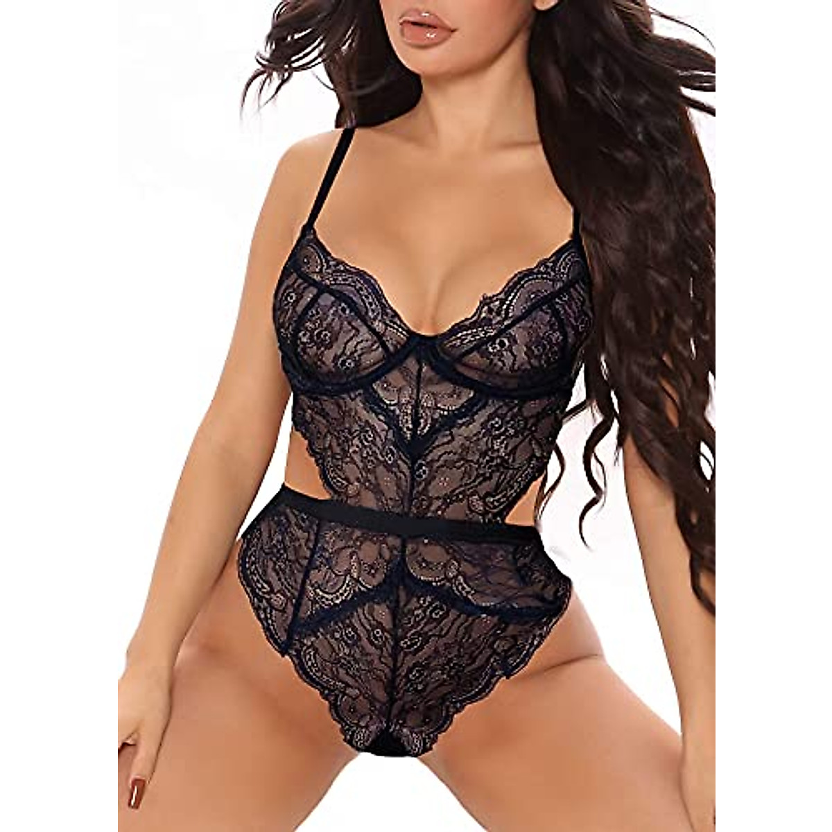 Aranmei Women Sexy Lingerie Bodysuit Lace Teddy Snap Crotch V Neck One Piece Babydoll Underwire(Black Small)