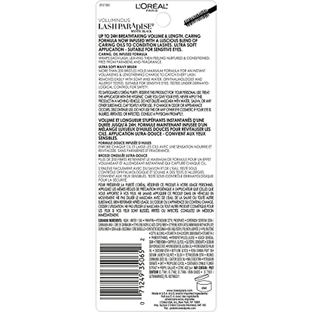 L'Oreal Paris Makeup Lash Paradise Mascara, Voluptuous Volume, Intense Length, Feathery Soft Full Lashes, No Flaking, No Smudging, No Clumping, Mystic Black, 0.25 Fl Oz (Pack of 1)