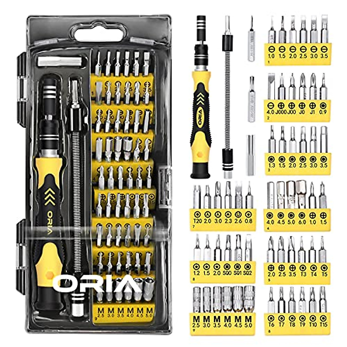 ORIA Precision Screwdriver Kit, 60 in 1 with 56 Bits Screwdriver Set, Magnetic Driver Kit with Flexible Shaft, Extension Rod for Mobile Phone, Smartphone, Game Console, Tablet, PC, Yellow
