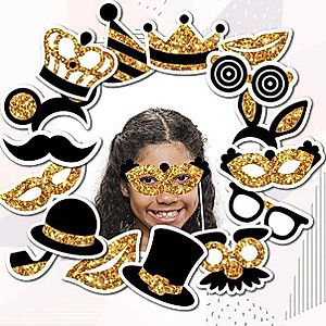 16PCS Birthday Party Photo Props Black & Gold Booth Signs Prom Photobooth Moustache Glasses Hats Crowns Selfie For Kids Men Women Wedding Engagement Bridal Shower,Bachelorette Party,Photobooth Selfies