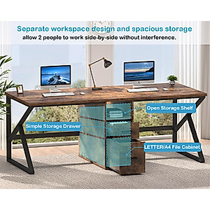 IBF 79" Two Person Office Desk,Large Double Long Pc Desk with File Drawer, 2 Person Computer Desk with Storage Cabinet Shelf, Industrial Wood Modern Work Dual Computer Table for Home, Rustic Brown