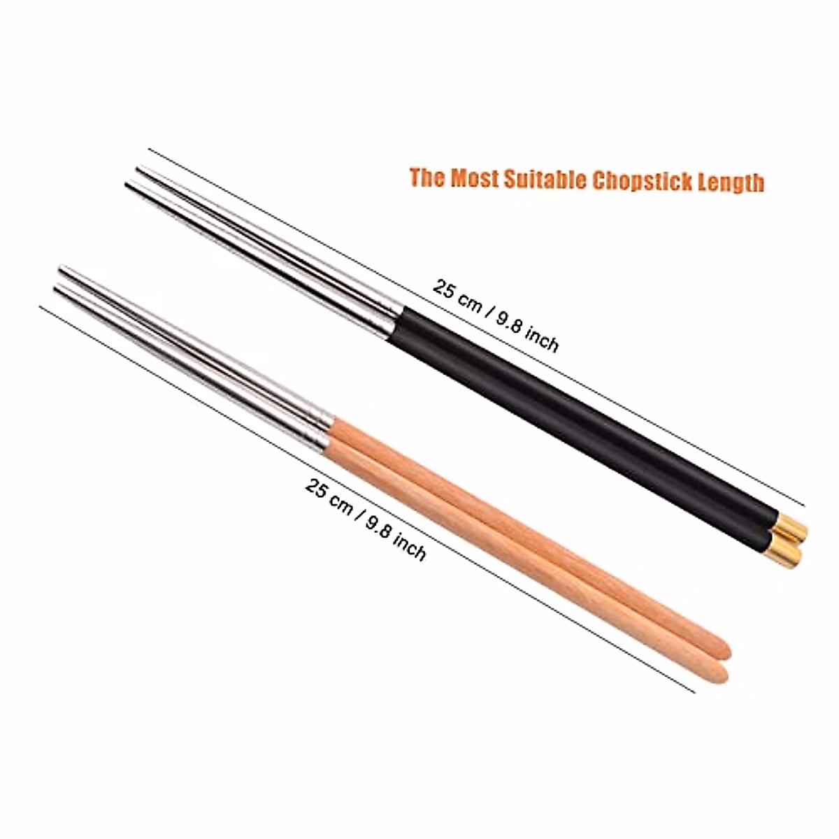AKONEGE Reusable Chopsticks Wood Splicing Stainless Steel Chopsticks Metal Chopstick Lengthen Japanese Korean Chop Sticks 5 Pairs Gift Set, 9.8 inch