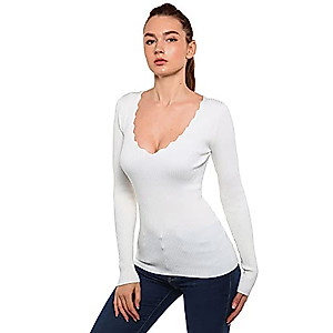 AmélieBoutik Women Scallop Trim V Neck Long Sleeve Ribbed Pullover Sweater (Ivory White Medium)