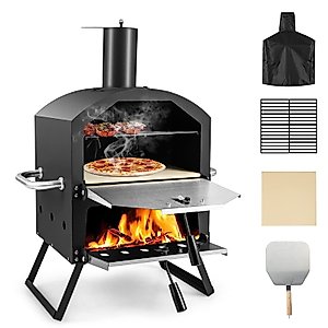 PETSITE Pizza Oven Outdoor, Wood Pellet Fired Pizza Oven with 12 Inches Pizza Stone & Waterproof Cover, 2-Tier Design Portable Stainless Steel Grill Pizza Maker for Outside Backyard Party