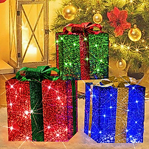 Christmas Lighted Present Boxes Decorations, Plug-in Warm White 70 LED Light Up Gift Boxes Outdoor Indoor for Xmas Tree Yard Home Holiday