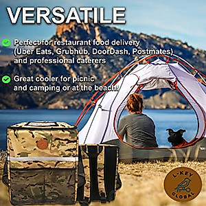 Thermal Insulated Reusable Food Delivery Backpack With Cup Holder and Receipt Pockets, Padded Handles, Ideal for UberEats, Doordash, Postmates, Outdoor use, Groceries(14 x 10 x 16 in - Green Camo)