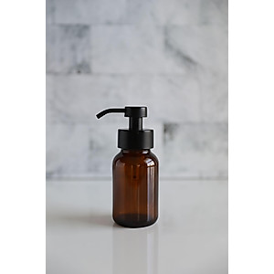 Rail19 Amber Glass Apothecary Foaming Soap Dispenser with Metal Pump - for Kitchen and Bathroom Countertop, 8.5oz (Black)