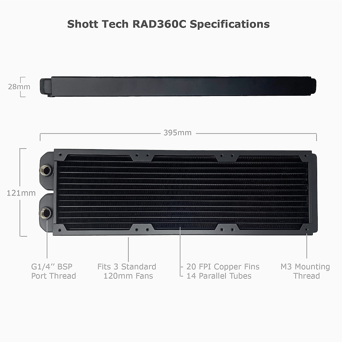 Shott Tech RAD360C Copper Water Cooling Radiator, 360mm, Slim Triple, Black