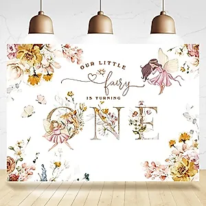 Rsuuinu Floral Fairy 1st Birthday Backdrop for Photography Flowers Fairy Tale Tea Wonderland Princess Girl Happy First Birthday Party Background Decoration Banner Supplies Photo Booth Props 7x5ft