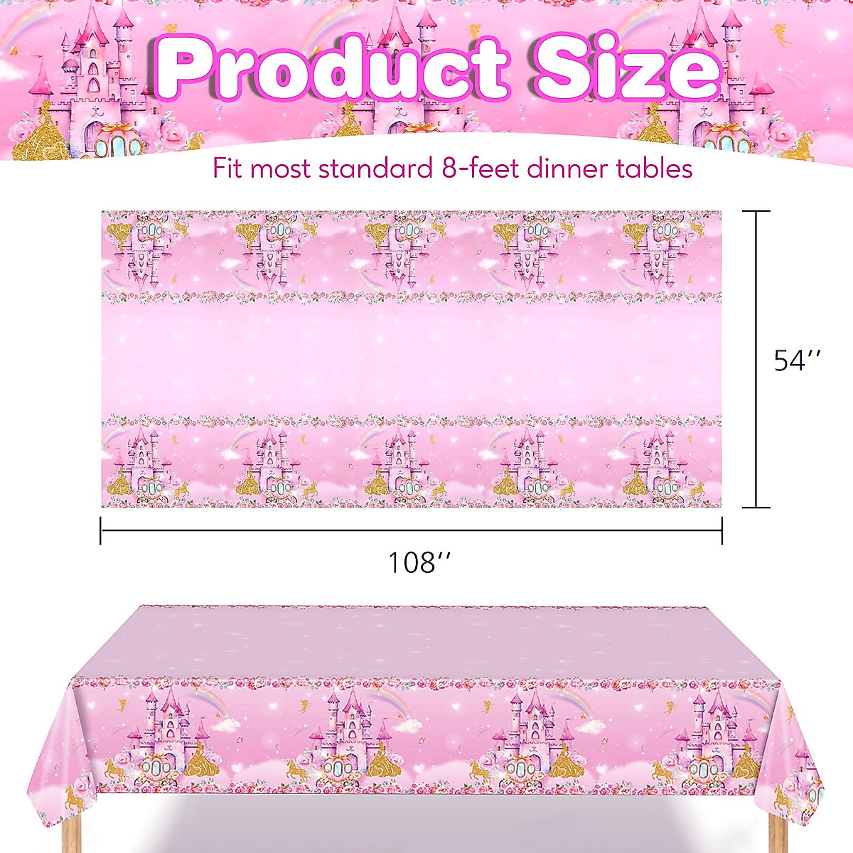DYLZB 3PCS Pink Princess Party Tablecloths, Princess Castle Theme Party Table Cover for Girl Birthday Party Decorations, Baby Shower Supplies, 54 x 108inch