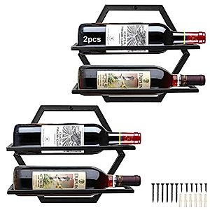 YALINKA 2Pcs Wall Mounted Wine Bottle Rack, Metal Hanging Wine Display Holder Organizer, Red Wine Racks for Home Kitchen Bar Decor Storage(Black) (B2)