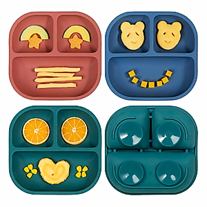 BABELIO Powerful Suction Plates for Baby and Toddler, 100% Food Grand Silicone Divided Baby Plates, BPA Free, Microwave & Dishwasher Safe, Stay Put with 4 Suction Cups, 3 Pack