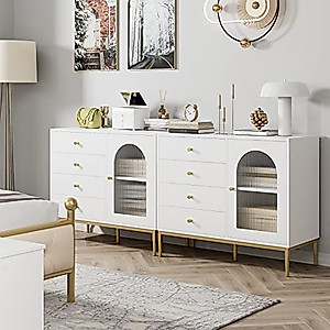 finetones White Dresser, Modern Dresser White and Gold Dresser with Waveform Glass Door and Gold Metal Legs, Gold Dresser Storage Chest of Drawers for Home