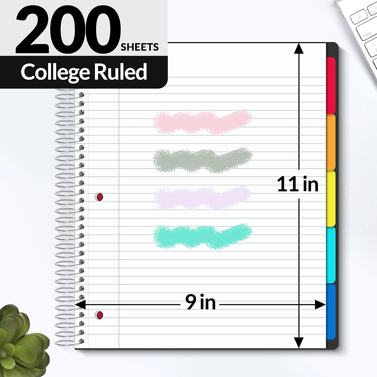 SUNEE 5 Subject Notebook College Ruled - 300 Pages, 8.2"x10.8", Spiral Lined Notebook with 5 Pocket Colored Dividers, 3-Hole Punched Paper, Black Notebooks for School Supplies, Home & Office, Writing Journal