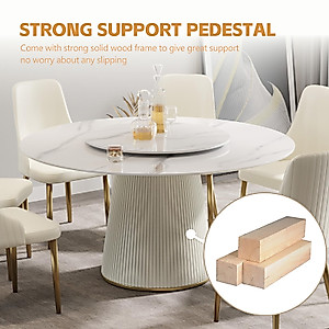 59'' Round Marble Dining Table for 6,Modern White Marble Sintered Stone Round Kitchen Table with Lazy Susan,Faux Marble Dining Table with Solid Wood Pedestal,Wrapped in PU Leather(Only Table)