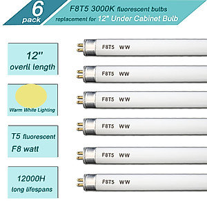 Accway (6 Pack) F8T5/WW 12’’ Linear Fluorescent Light Bulb, 8W Warm White T5 Tube, 3000K Soft White Lamp, G5 Mini Bi Pins Base Replacement for Under Cabinet Light, RV, Closet