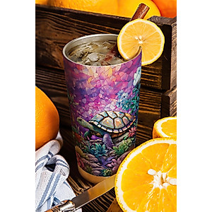 20oz Purple Stained Glass Flower Sea Turtle Tumbler, Gifts for Turtle Lovers, Ocean, Beach Gifts, Coffee Thermos for Women, Stainless Steel Double Wall Vacuum Insulated Coffee Mug, Travel Cup with Lid