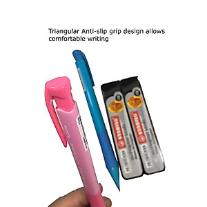 Stabilo 0.5mm Com4 Mechanical Pencil Set Triangular Anti-Slip Grip Design (2 Packs - 1 Blue and 1 Pink) + Stabilo 0.5mm 2B Hi-Polymer Lead Refills (2 Tubes - 24 Leads each Tube)