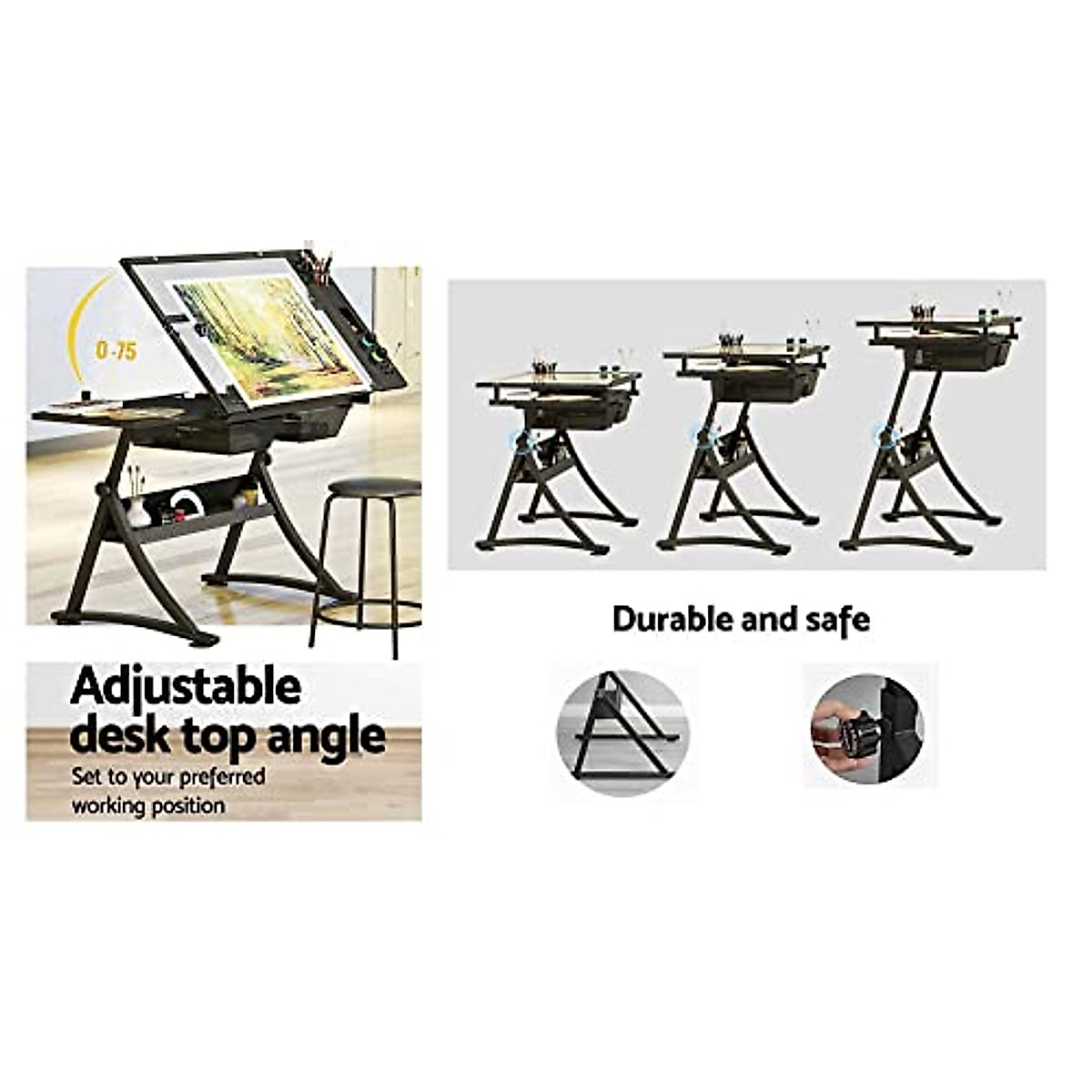 Landpink Glass Drafting Table Art Desk – Adjustable Professhional Artwork Drawing Drafting Table Desk, Glass-Topped Art Table for Craft Station Studio Home Office School w/Drawers/Chair – Black