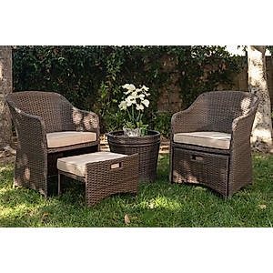 Barton 5 Piece Bistro Sofa Set w/Cushions 2 Chairs 2 Ottomans Multipurpose Outdoor Patio Wicker Rattan Furniture Space Saving