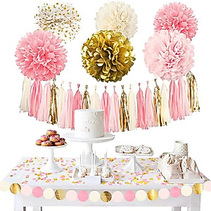 AOBKIAT Baby Shower Birthday Party Decorations for Girl,28 PCS Pink Gold Tissue Paper Pom Poms,Dots Paper Garland,Tassel Galand,Hanging Backdrop for Bridal Showers,Wedding Party Supplies