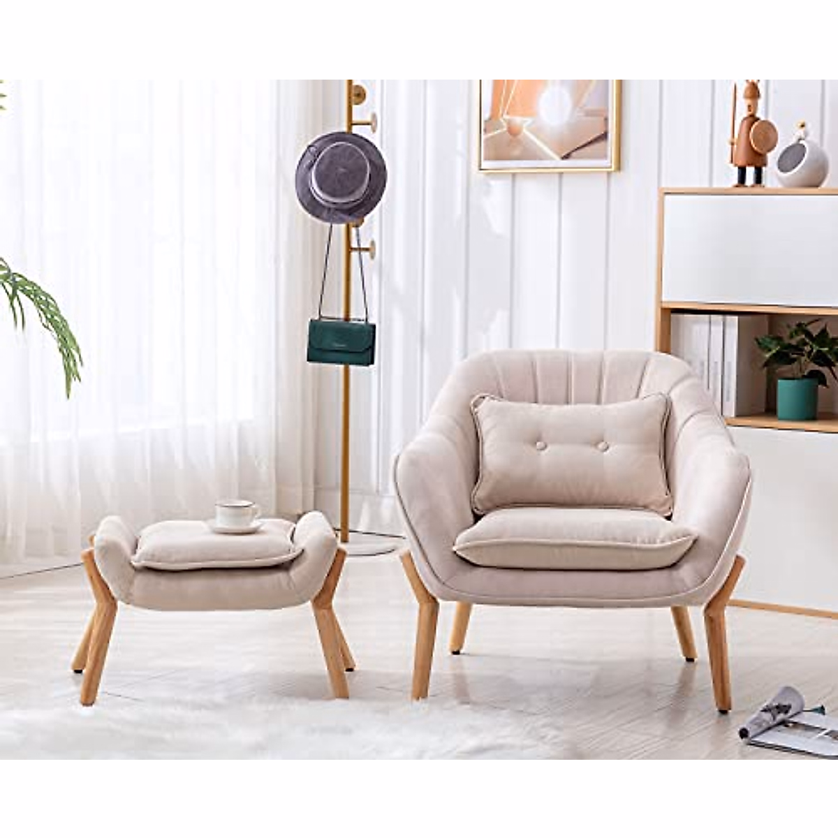 Lei Yu Shunzhi Wood Armchair with Ottoman Mid Century Modern Upholstered Barrel Chair Tufted Living Room Comfy Reading Lumbar Pillow Cushion Leisure Sofa Corner for Small Place, Beige