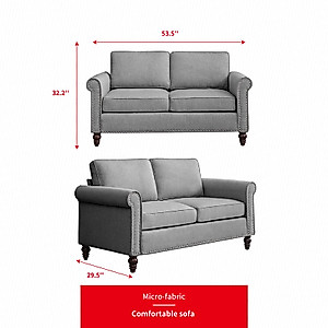 PUREMIND Loveseat, Light Grey Sofa Couches for Living Room, Linen Fabric, Mid Century Modern Couch with Solid Wood Frame and 4 Gourd Shapes Legs, Small Couches for Small Spaces
