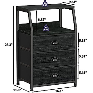 Furnulem Black Dresser for Bedroom, Small Nightstand with 3 Fabric Storage Drawers and 2-Tier Shelf, End Table Side Furniture for Closet, Hallway, Nursery, Sturdy Steel Frame, Wood Top (Black Oak)