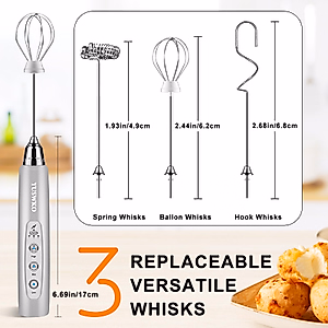 YUSWKO Rechargeable Milk Frother Handheld with 3 Heads, Silver Coffee Electric Whisk Drink Foam Mixer, Mini Hand Stirrer with 3 Speeds Adjustable for Latte, Cappuccino, Hot Chocolate, Egg