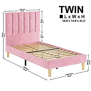 LIKIMIO Twin Bed Frames, Velvet Upholstered Platform Bed Frame with Headboard and Strong Wooden Slats, No Box Spring Needed/Noise-Free/Easy Assembly, Pink