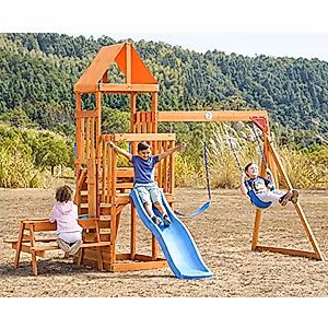 Dolphin Playground Wooden Swing Sets for Backyard with 2 in 1 Outdoor Table, Outdoor Playset for Kids 3-10 with Rock Climbing Wall, 6FT Wave Slide, Fort, and 2 Belt Swings, Playground Accessories