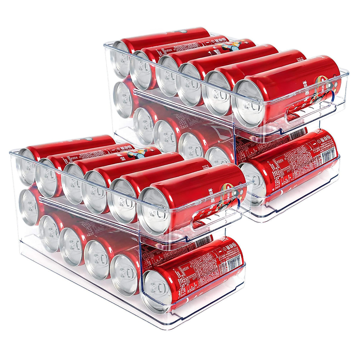 Mano Set of 2 Rolling Soda Can Organizer for Refrigerator, Clear Drink Dispenser for Pop Beer Soda Seltzer Beverage Can Holder, Plastic Fridge Organizer Bins Pantry Storage Rack