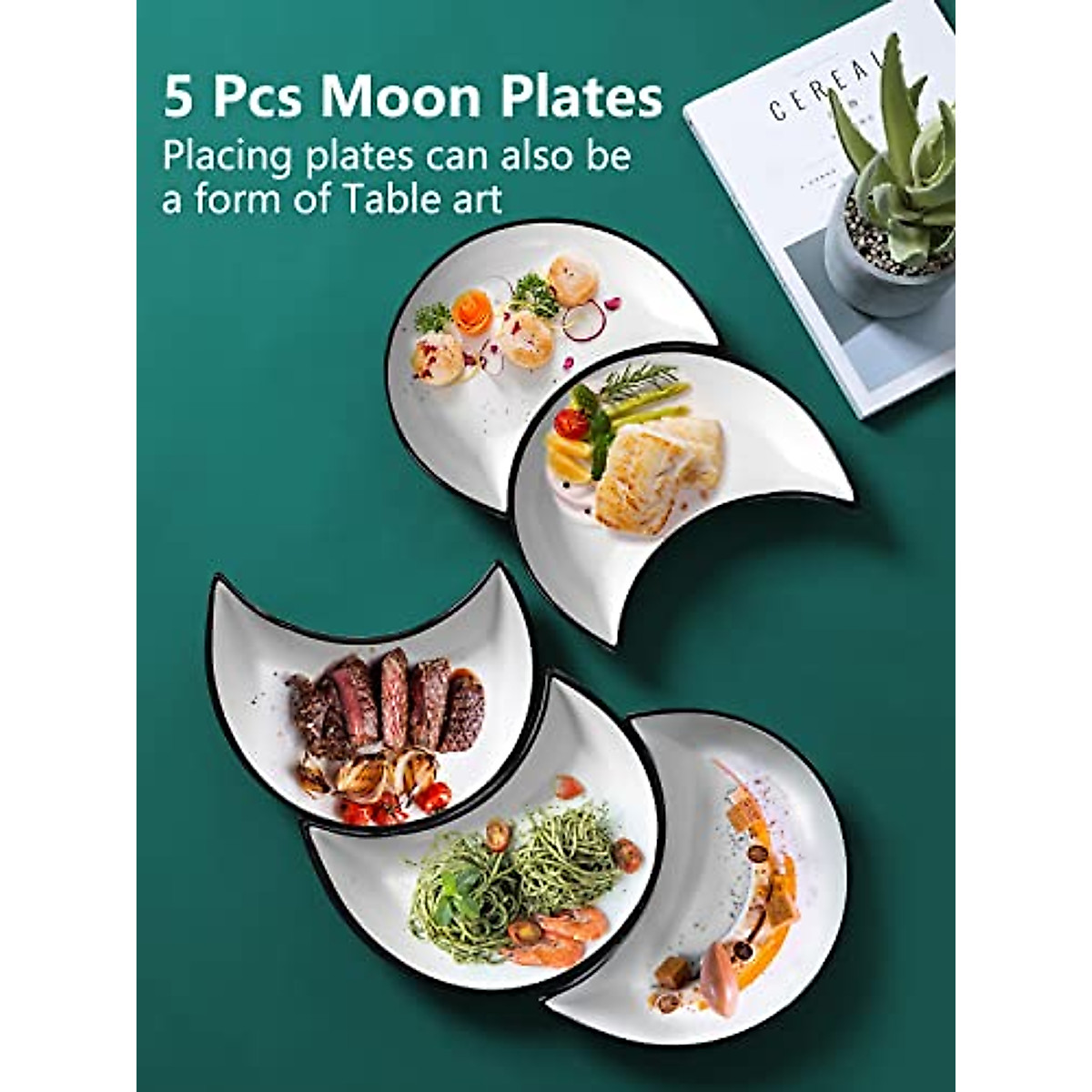 Plates and Bowls Sets,5 PCS Moon Dinner Plates Household/Hotel Porcelain Dish Set,White Ceramic Dinnerware Sets for Salad/Snack/Dessert/Appetizer, Microwave Oven and Dishwasher Safe Scratch Resistant