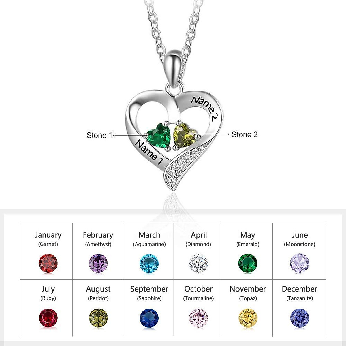 Sterling Silver Personalized 2 Names Necklace with 2 Heart Simulated Birthstone Couple Pendant Necklace for Women (Silver)
