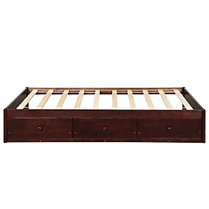 Upholstered Twin Bed, Bed with Drawers Storage Bed with 3 Drawers, Cherry, Solid Wood