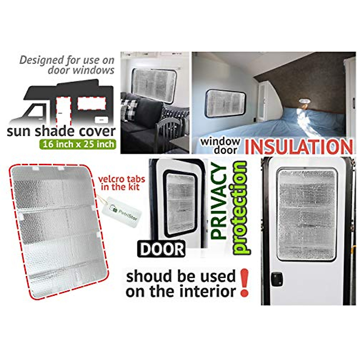 PetriStor 16 X 25 Sun Shield RV Reflective Door Window Cover Helps Protect Your RV from Harmful UV Rays and Regulates RV Temperature White