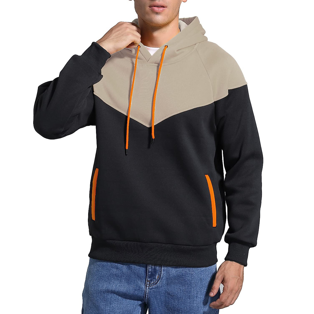 Niceif Men's Midweight Fleece Pullover Hoodies Casual Color Block Hooded Sweatshirt with Pockets, Beige Black M